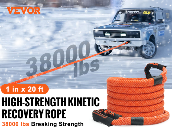 VEVOR 1" x 20' Kinetic Recovery Tow Rope 38,000 lbs, Heavy-Duty Off ...