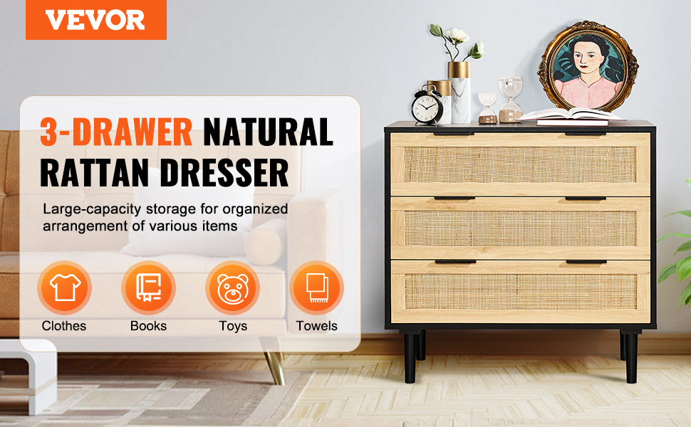 VEVOR 3 Drawer Rattan Dresser, Boho Dresser, Rattan Chest of Drawers ...