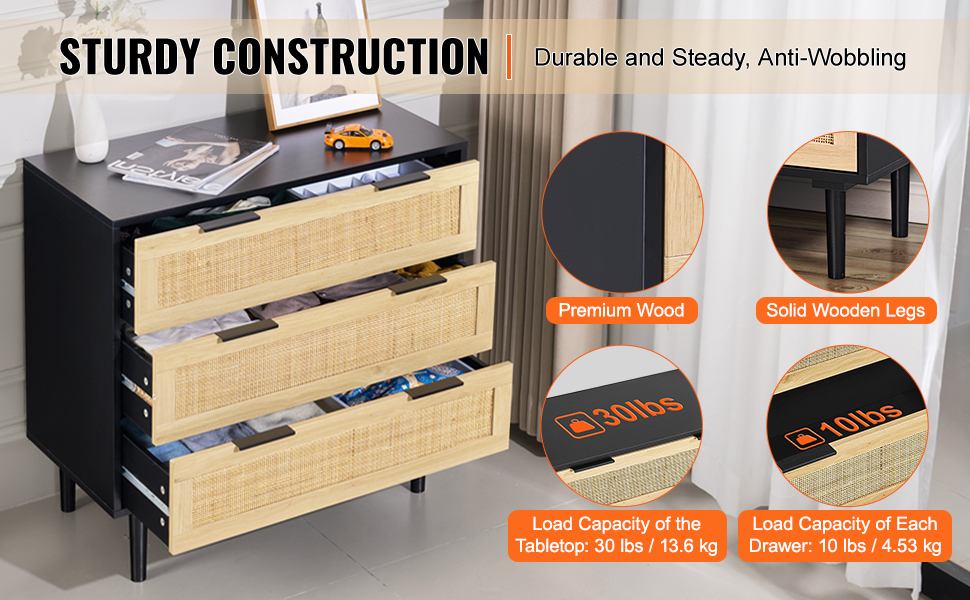 VEVOR 3 Drawer Rattan Dresser, Boho Dresser, Rattan Chest of Drawers ...