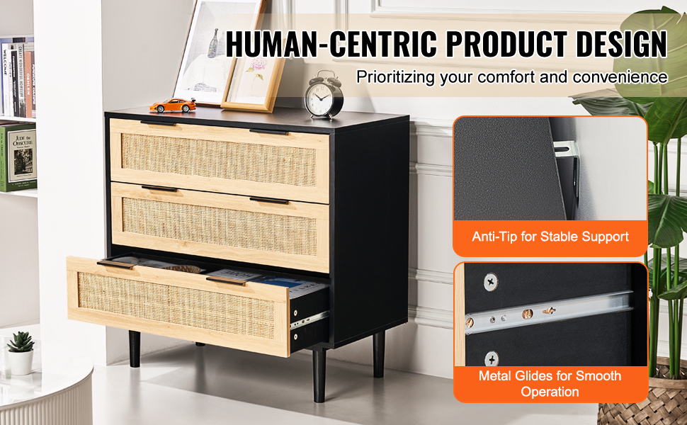 VEVOR 3 Drawer Rattan Dresser, Boho Dresser, Rattan Chest of Drawers ...