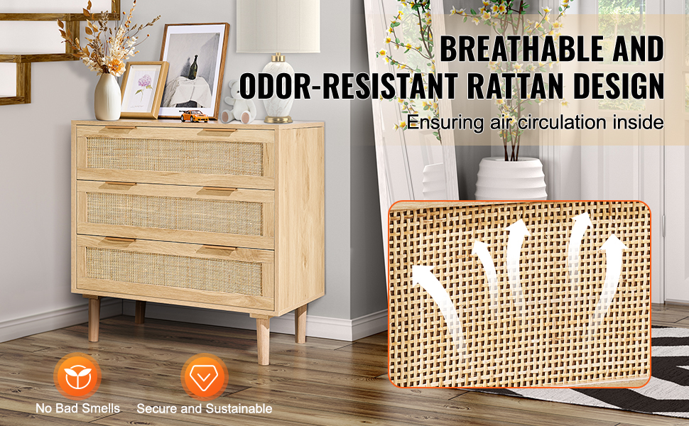VEVOR 3 Drawer Rattan Dresser, Boho Dresser, Rattan Chest of Drawers ...