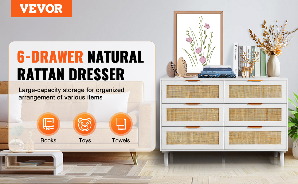 VEVOR 6 Drawer Rattan Dresser, Boho Dresser, Rattan Chest of Drawers ...
