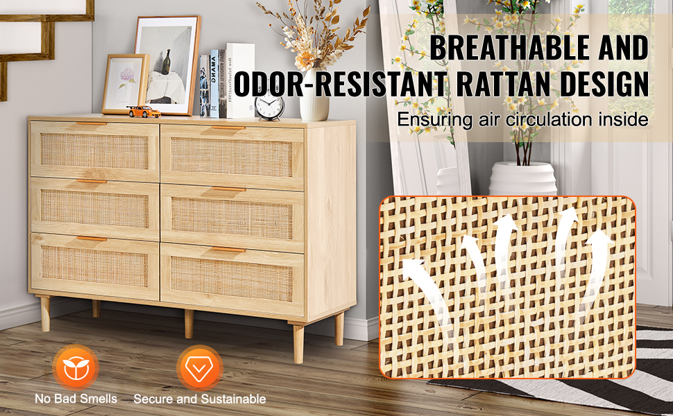 VEVOR Rattan Drawer Dresser Natural Rattan Closet Dresser 6 Drawers for ...