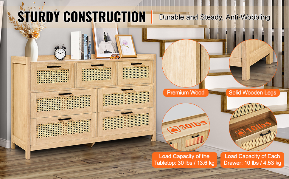 VEVOR 7 Drawer Rattan Dresser, Boho Dresser, Rattan Chest of Drawers ...