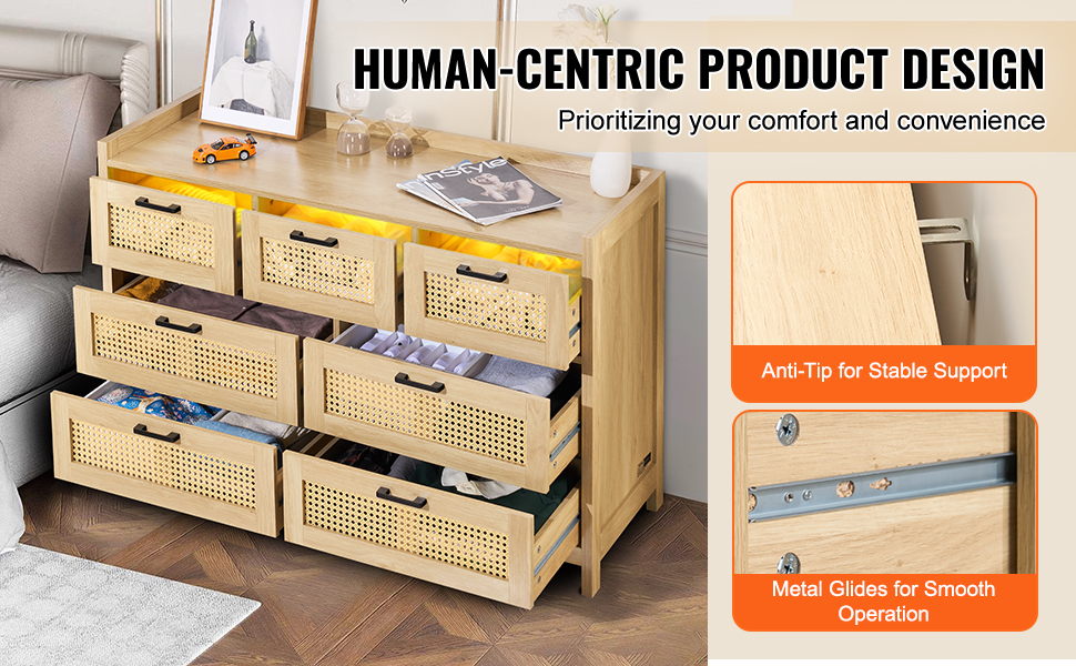 VEVOR 7 Drawer Rattan Dresser, Boho Dresser, Rattan Chest of Drawers ...