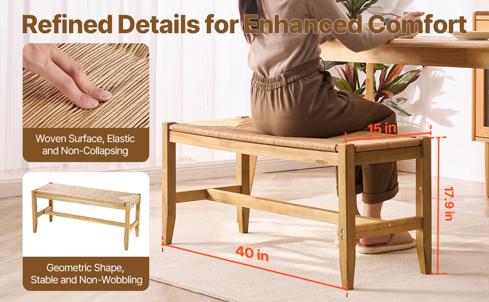 Rattan Bench Wooden Bench 40 Inches for Entryway Living Room & Bedroom ...