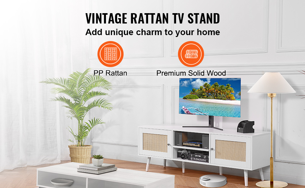 VEVOR Rattan TV Stand for 65 inch TV, Boho TV Stand with Rattan Door ...