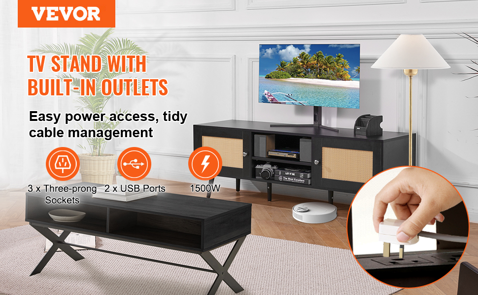 VEVOR Rattan TV Stand for 65 inch TV, Boho TV Stand with Rattan Door ...