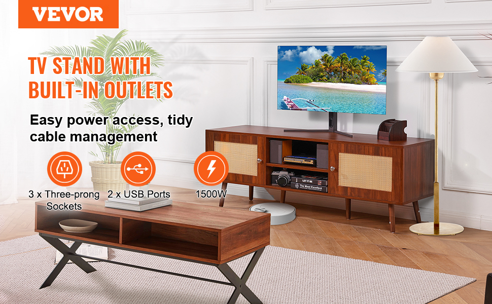VEVOR Rattan TV Stand, Mid Century Modern TV Stand for 65 inch TV, Boho ...