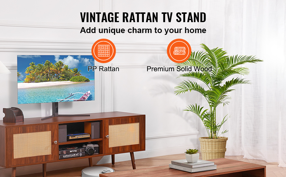 VEVOR Rattan TV Stand for 65" TV Boho TV Stand with Build-in Socket ...