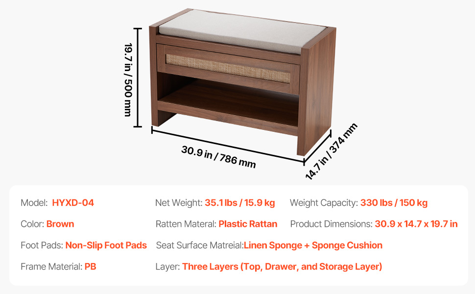 Rattan Bench Woven Bench 30.9 Inches for Entryway Living Room & Bedroom ...