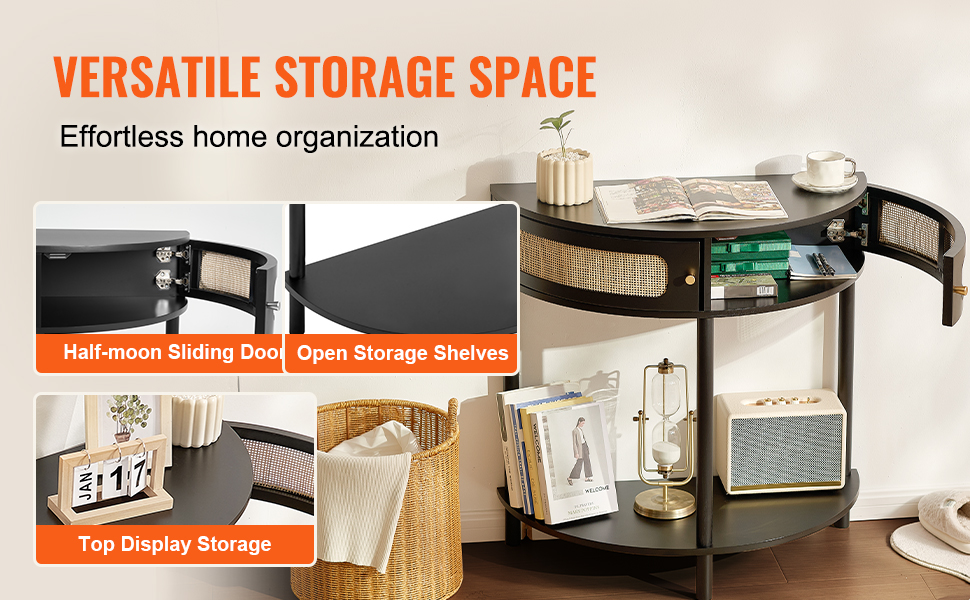 VEVOR Half-moon Rattan Console Table 2 Storage Drawers 31.88x15.74x32 ...