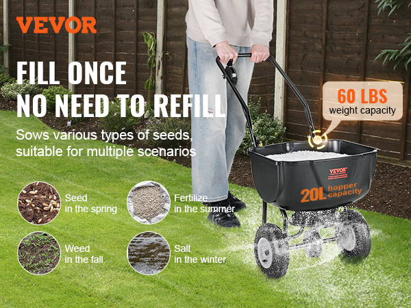 VEVOR Broadcast Spreader, 60 LB Walk-Behind Turf Spreader with 8 ...