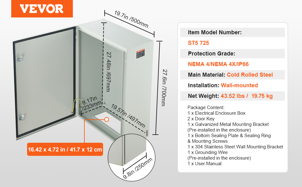 VEVOR 28x20x10 in Cold Rolled Steel Electrical Enclosure Wall Mount ...