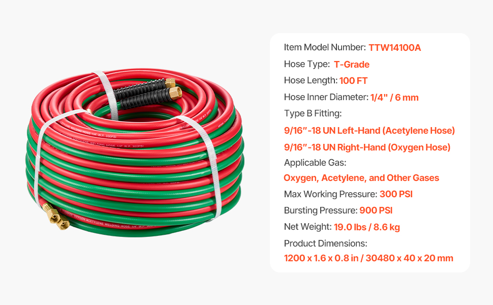 Oxygen Acetylene Hose 1/4-Inch x 100FT T Grade Hose 300PSI Max Working ...