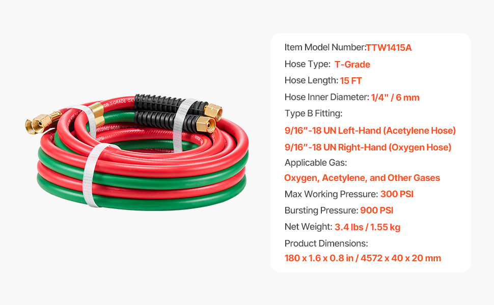Oxygen Acetylene Hose 1/4-Inch x 15FT T Grade Hose 300PSI Max Working ...
