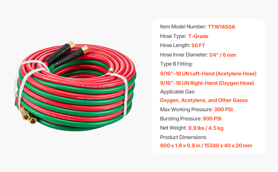 Oxygen Acetylene Hose 1/4-Inch x 50FT T Grade Hose 300PSI Max Working ...