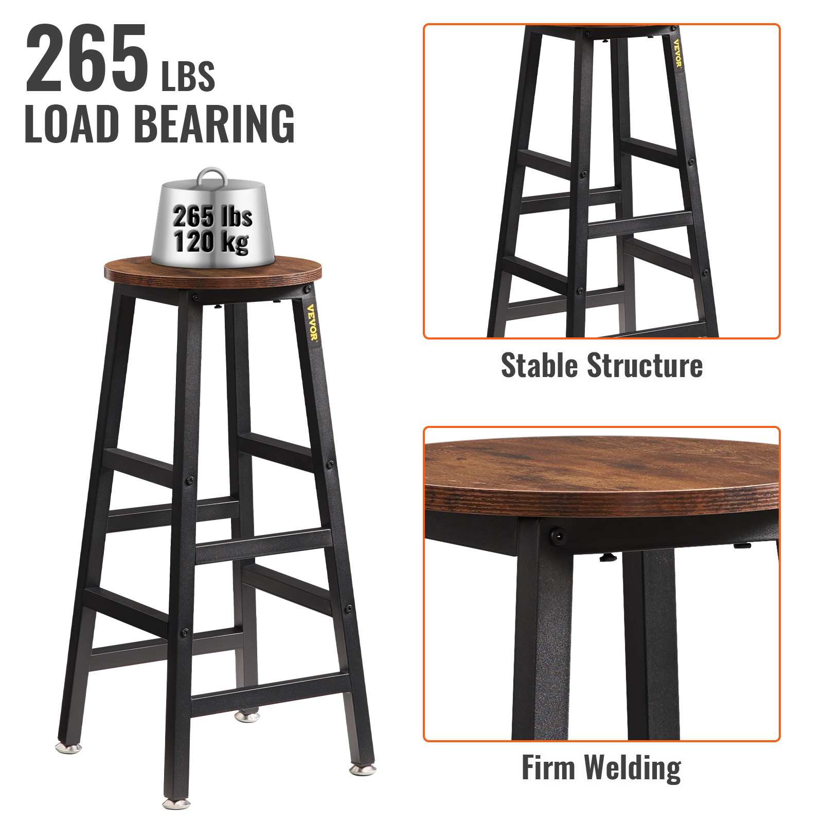 VEVOR Rustic Bar Stools 2 Set Counter Height Round Bar Chair with ...