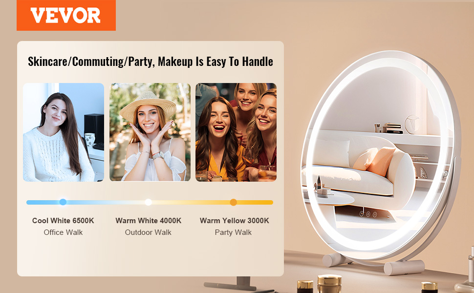 VEVOR 20” Vanity Mirror With Lights LED Makeup Round w/ Smart Touch for ...