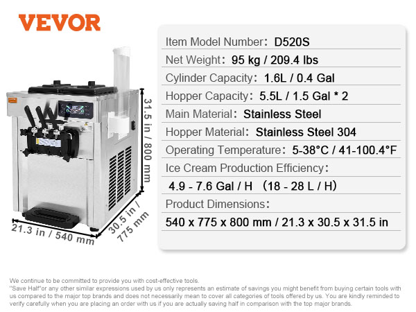 VEVOR Commercial Ice Cream Machine, 18-28 L/H Yield, 1850W 3-Flavor ...