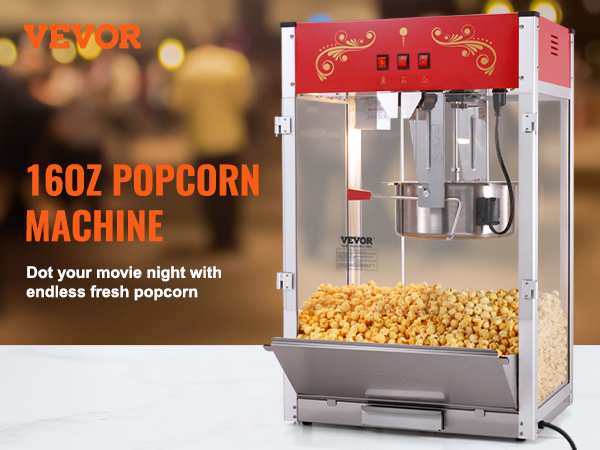 VEVOR Popcorn Popper Machine Countertop Popcorn Maker 1615W 16 Oz Red ...