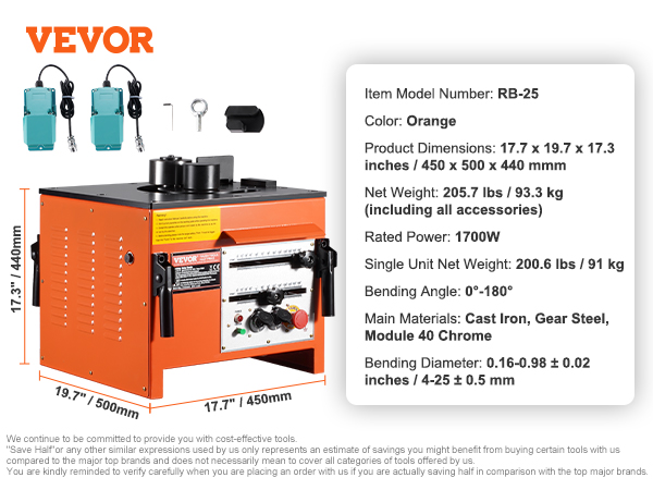 VEVOR Benchtop Electric Rebar Bender 1700W 3 Angle up to 1 Inch #8 (4 ...