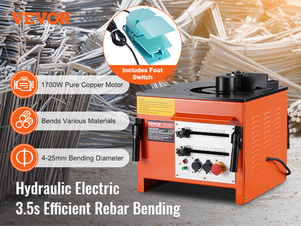 VEVOR Benchtop Electric Rebar Bender 1700W 3 Angle up to 1 Inch #8 (4 ...