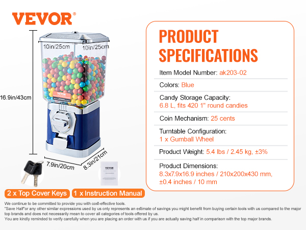 VEVOR 17"H Gumball Machine Vending Coin Bank Vintage Candy Dispenser PC ...