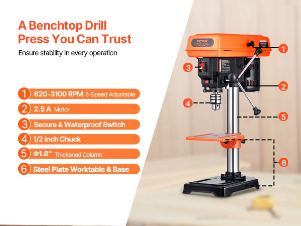 VEVOR Bench Drill Press 203.2mm 8-inch, 2.3A Induction Motor, 500W ...