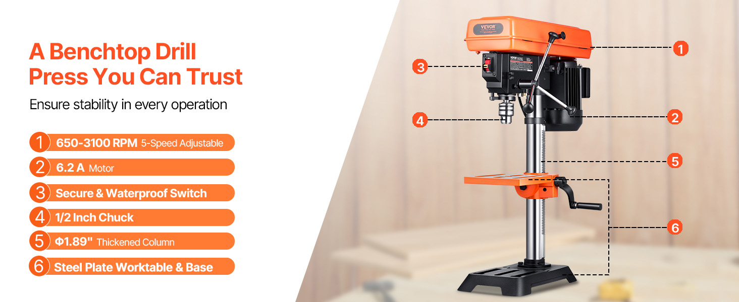 VEVOR Bench Drill 254mm 10-inch, 6.2A Induction Motor, 550W Maximum ...
