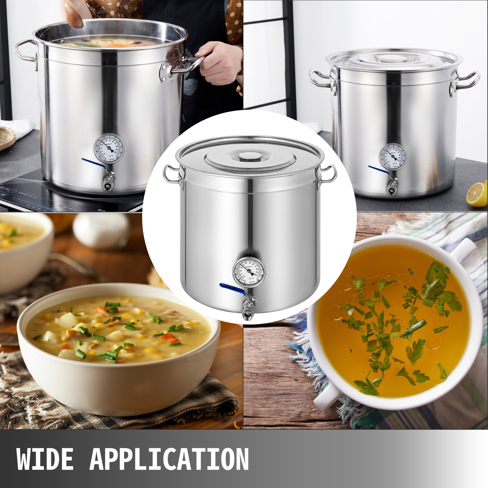 VEVOR Kettle Stockpot Stainless Steel 45Gal with Lid and Thermometer ...