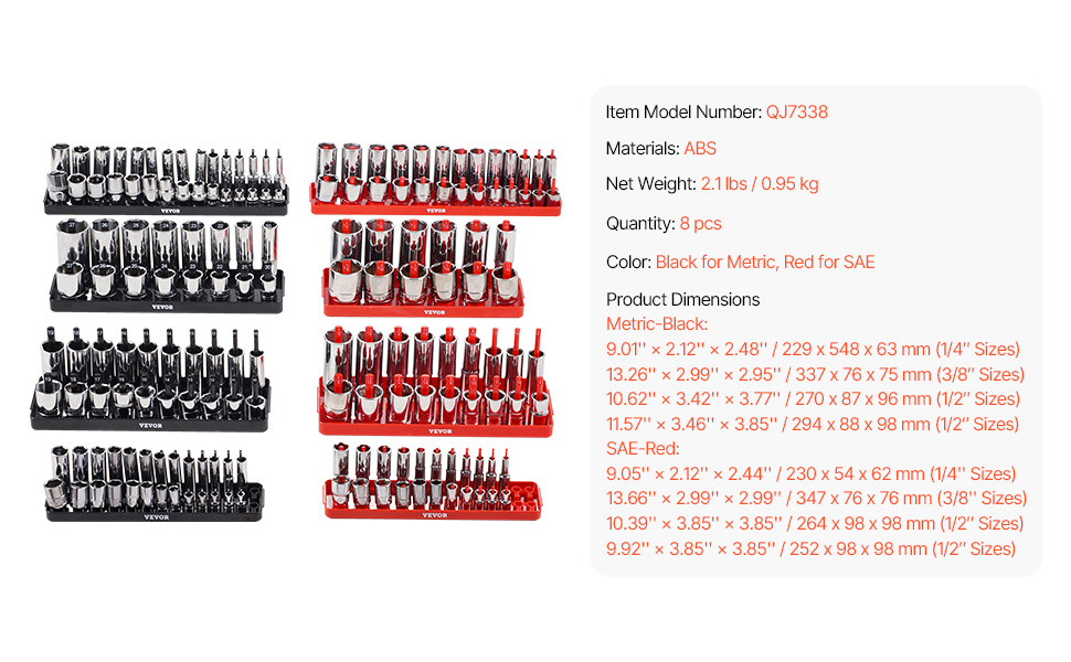 VEVOR Socket Organizer Set 8PCS High-Rod Socket Tray Black & Red for ...