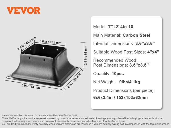 VEVOR 101.6x101.6mm Post Base 10Pcs, Internal 91x91mm Heavy Duty Powder ...