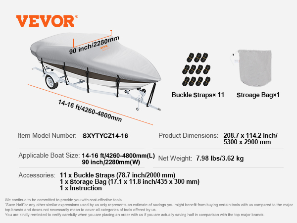 VEVOR Boat Cover 600D Waterproof 14-16 ft Boat Cover V-Hull Tri-Hull ...