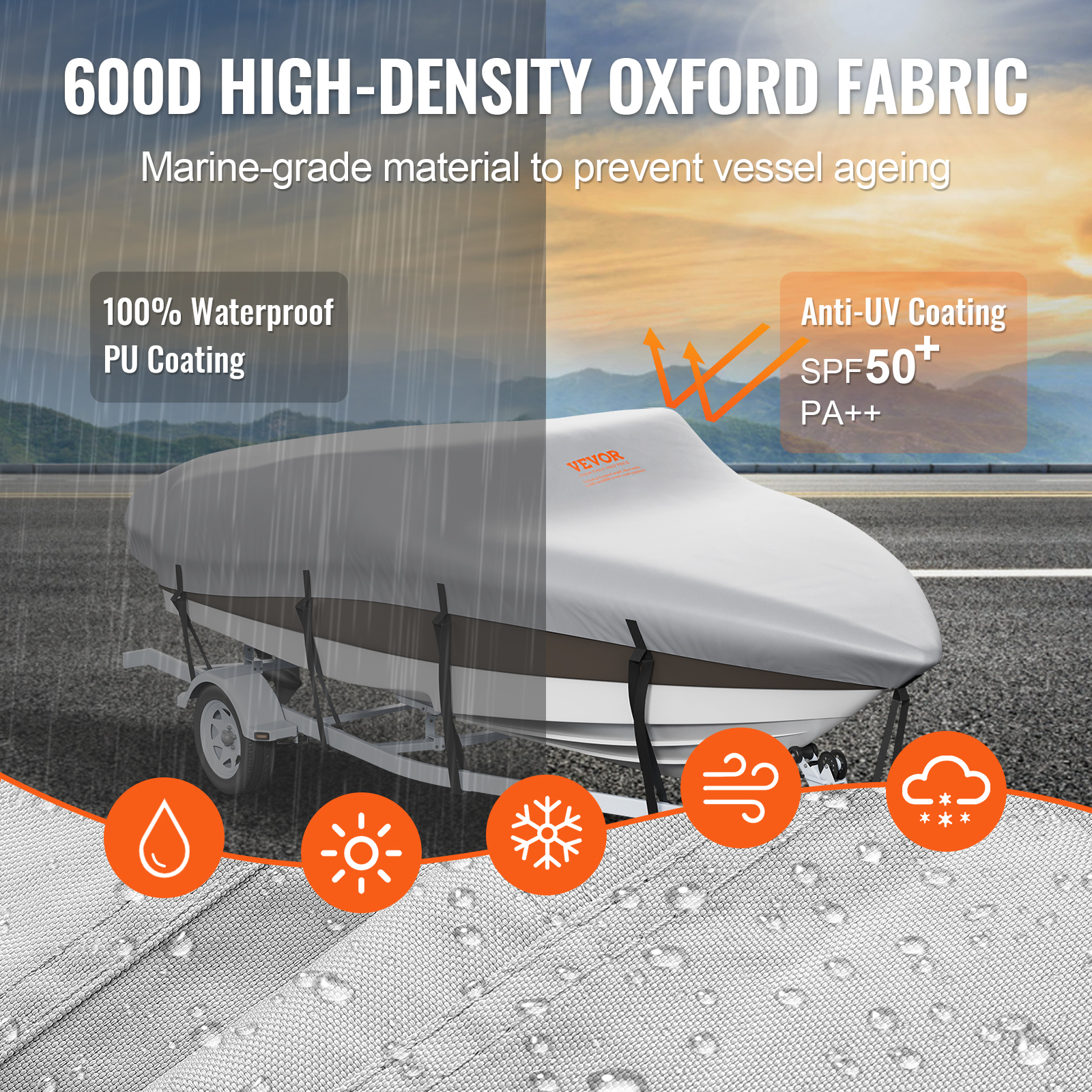 VEVOR Heavy Duty Boat Cover 600/800D Waterproof V-Hull/T-top Boat Cover ...