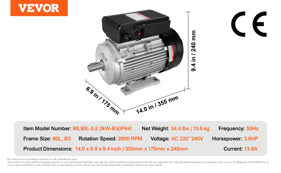VEVOR 2.2KW Electric Motor 2800 rpm, AC 220~240V 13.8A, 90L, B3 Frame ...