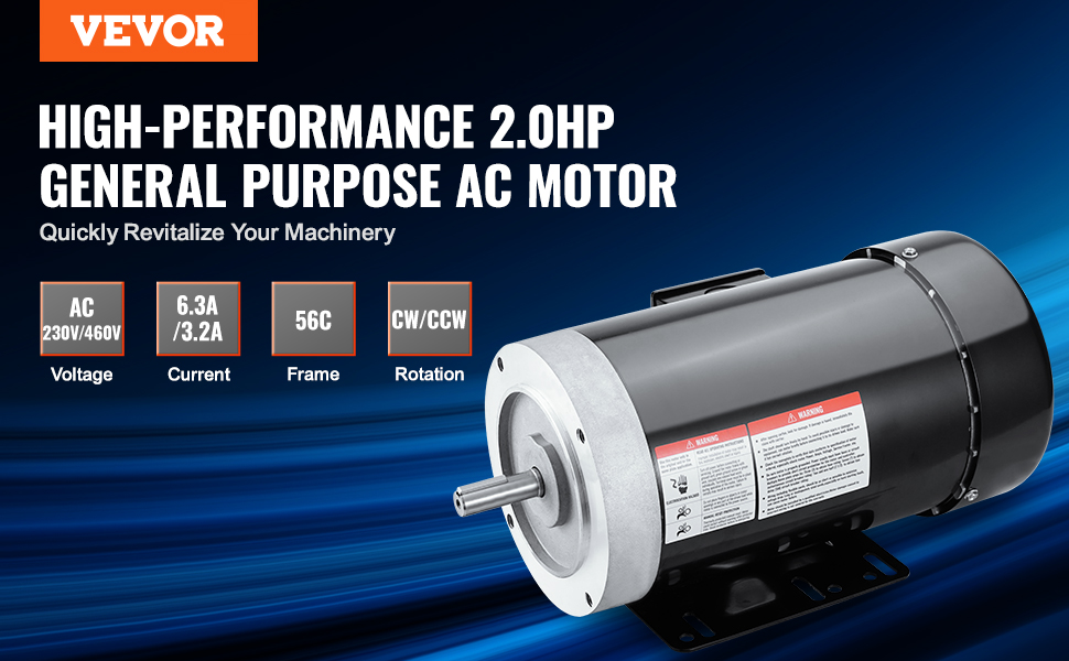 VEVOR 2HP Electric Motor 3450RPM AC230V/460V 56C Frame 3-Phase 5/8 ...