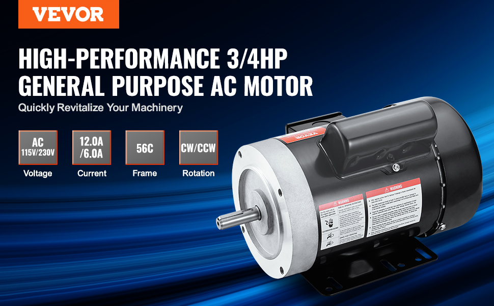 VEVOR 0.75HP Electric Motor 1725RPM AC115/230V 56C Frame 1-Phase 5/8 ...