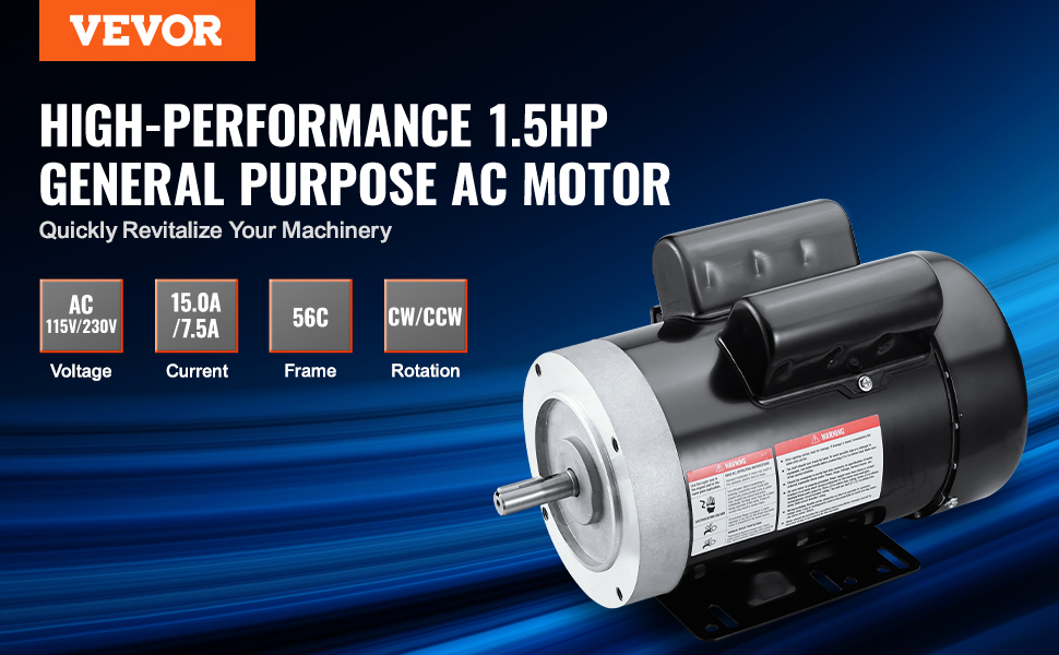 VEVOR 1.5HP Electric Motor 1725 rpm, AC 115V/230V, 56C Frame, Air ...