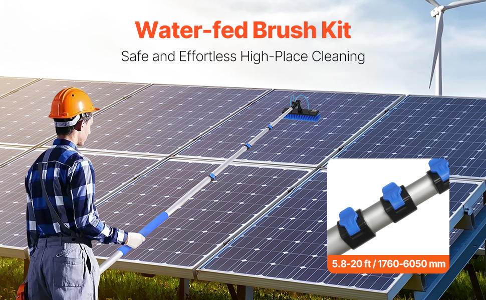 Water Fed Pole Kit 20FT Solar Panel Cleaning Pole 180° Rotatable Brush ...