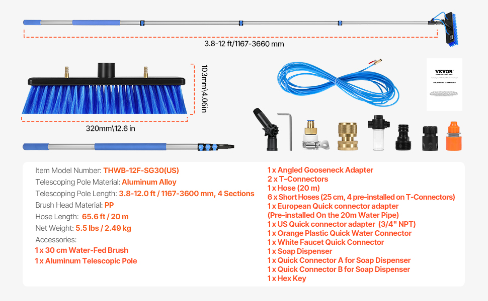 Water Fed Pole Kit 12FT Solar Panel Cleaning Pole 180° Rotatable Brush ...