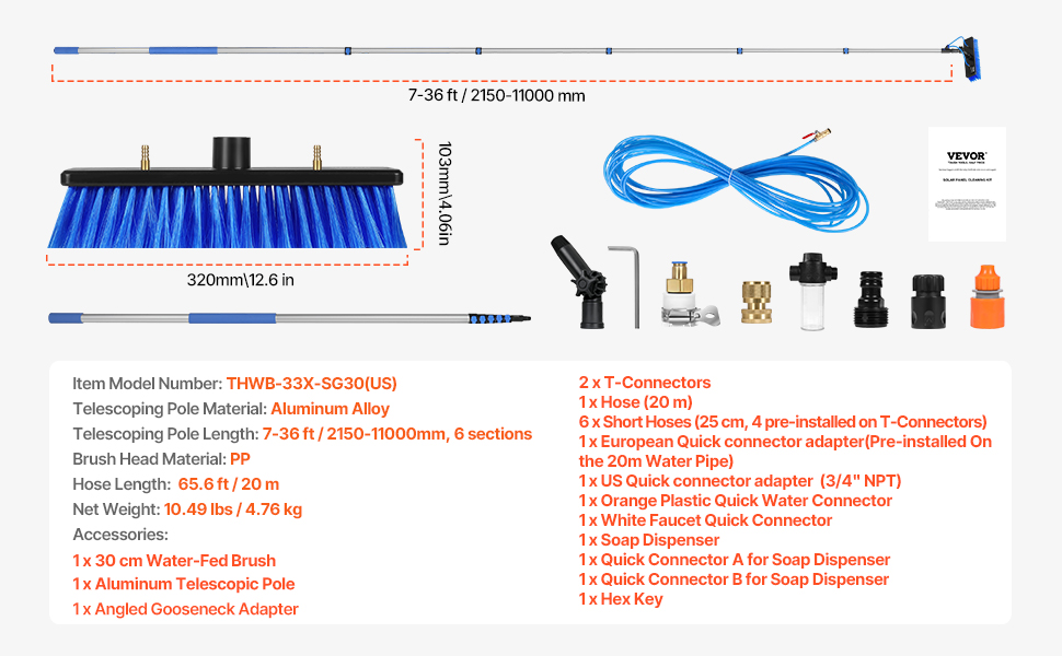 Water Fed Pole Kit 36FT Solar Panel Cleaning Pole 180° Rotatable Brush ...