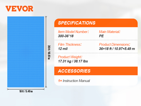 VEVOR Solar Pool Cover, 36 x 18 ft Rectangle Solar Blanket for Pools ...