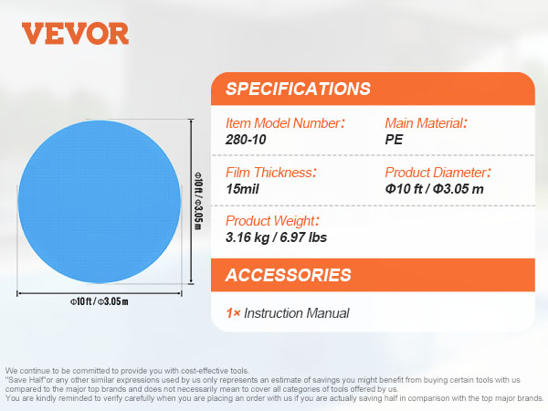 VEVOR Solar Pool Cover, Φ10 ft Round Solar Blanket for Pools, Inground ...