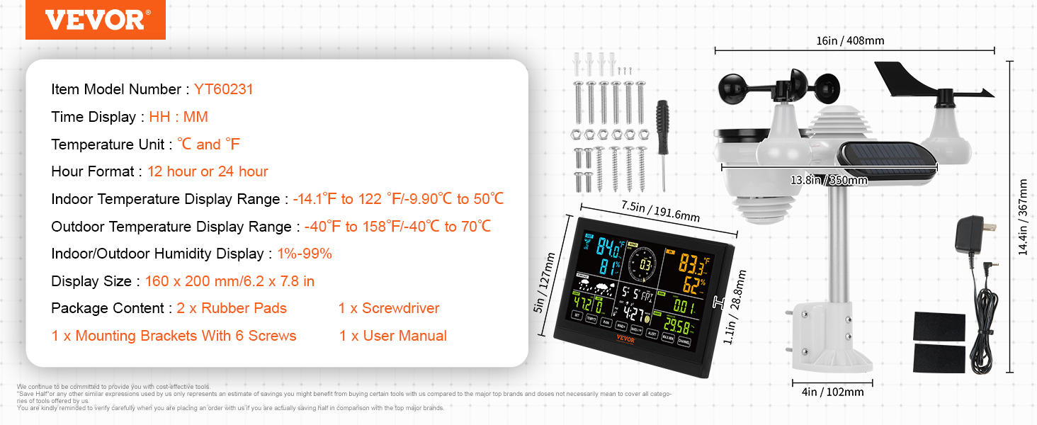 VEVOR 7-in-1 Wireless Weather Station, 7.5 in Large Color Display, Digital Home Weather Station ...