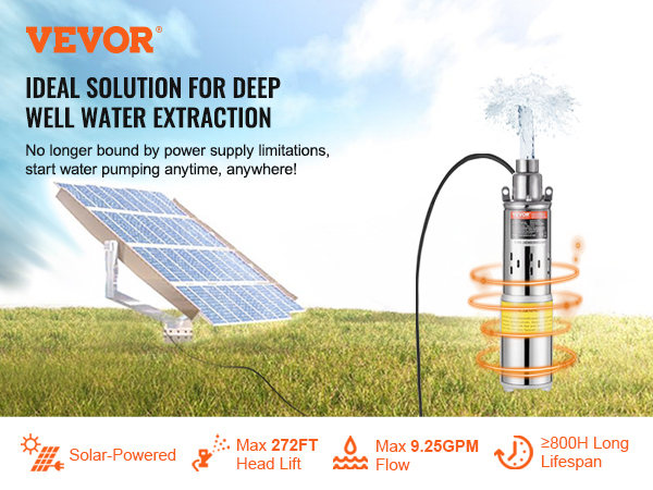 VEVOR Solar Water Pump, DC 277W Submersible Deep Well Pump, Max Flow 2.1 m³/H, Max Head 83 m ...