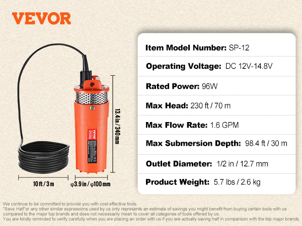 VEVOR Solar Water Pump, DC 96W Submersible Deep Well Pump, Max Flow 1.6 ...