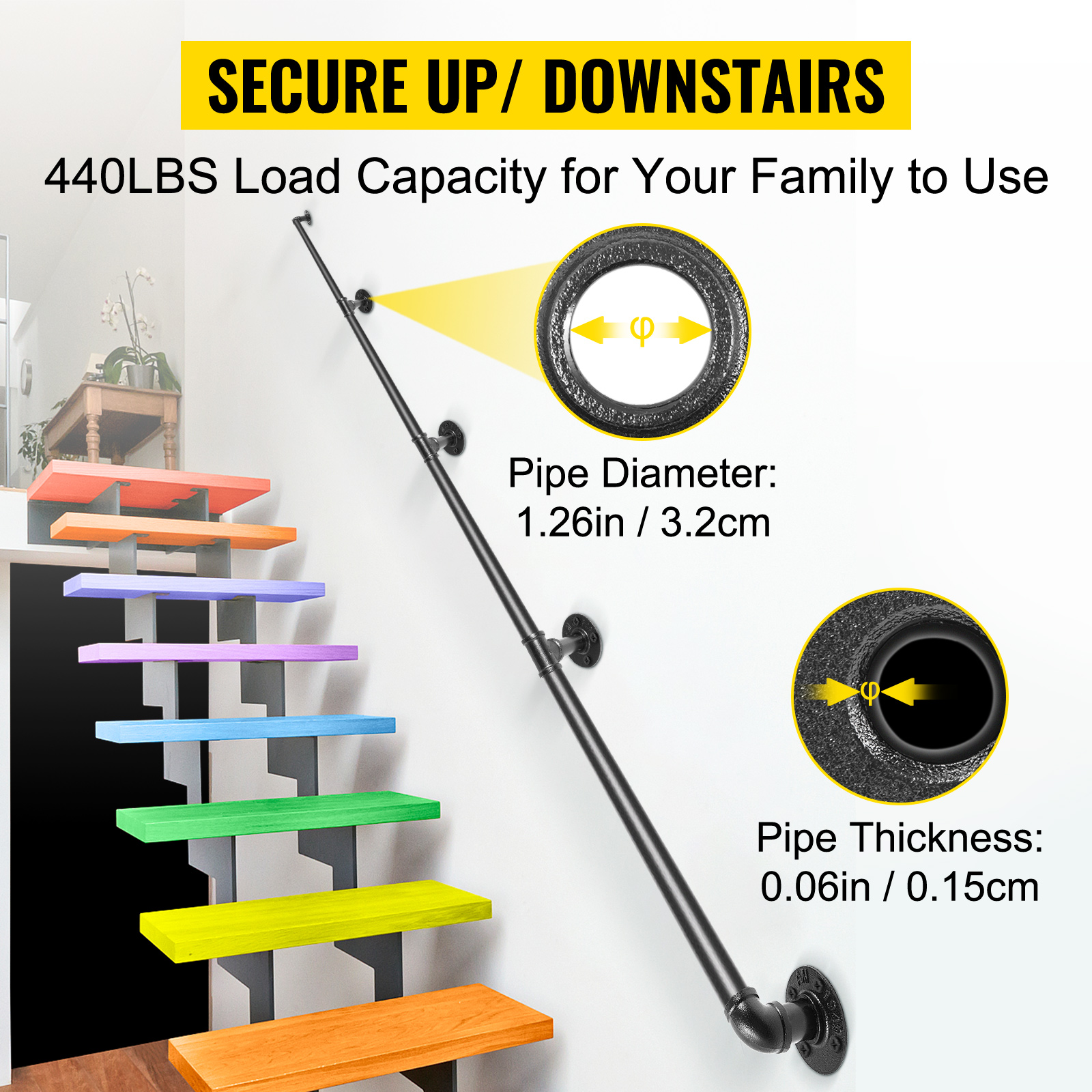 VEVOR Pipe Stair Handrail, 12FT Staircase Handrail, 440LBS Load ...