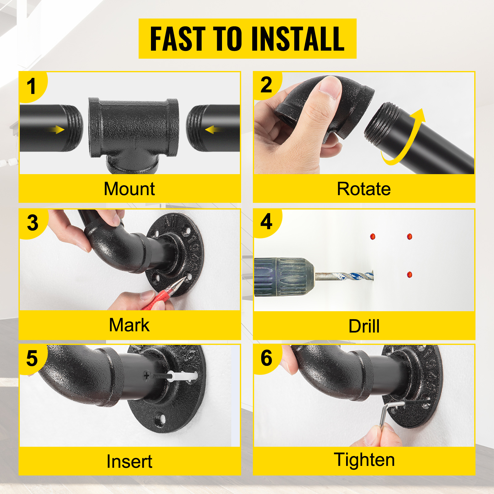 VEVOR Pipe Stair Handrail, 12FT Staircase Handrail, 440LBS Load ...