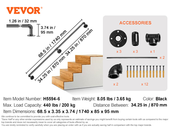 VEVOR Pipe Stair Handrail, 6FT Staircase Handrail, 440LBS Load Capacity ...